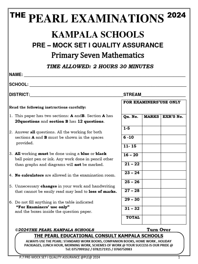 Pre-Mock Set I MTC P.7 The Pearl Exams 2024 | PDF | Mathematics