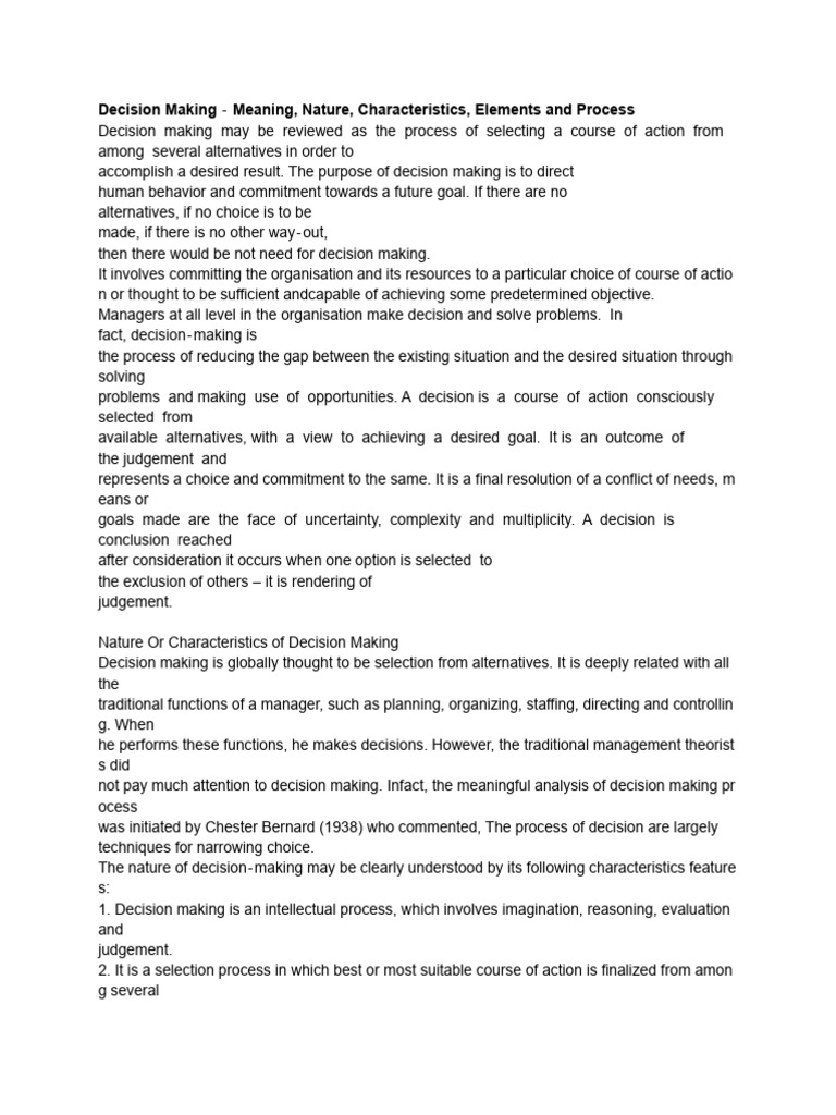 Decision Making Meaning, Nature, Characteristics, Elements and Process ...