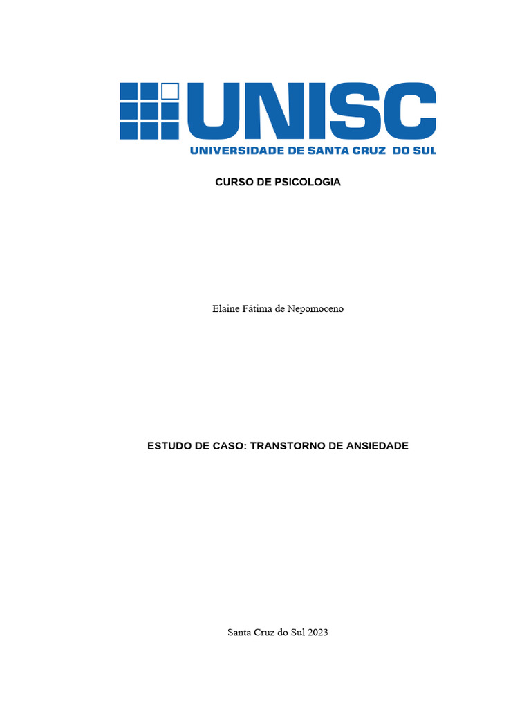 Estudo de Caso: Transtorno de Ansiedade | PDF | Ansiedade | Psicoterapia