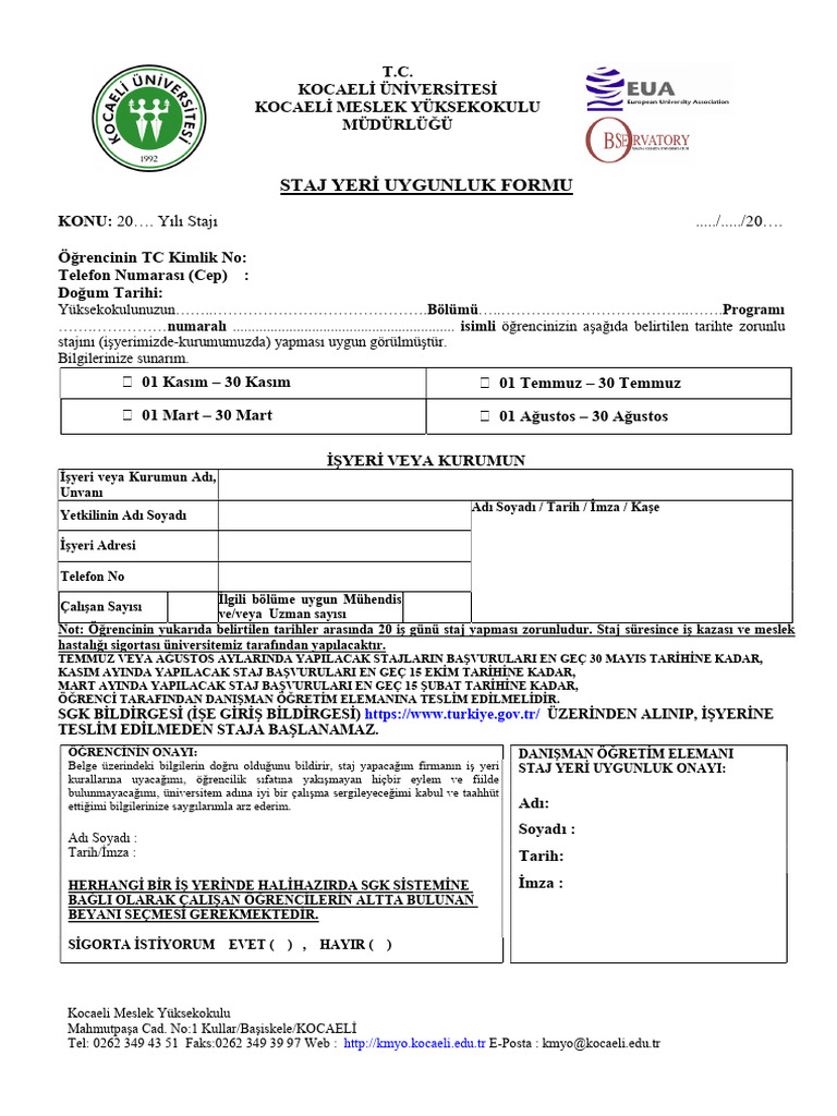 Staj Yeri Uygunluk Formu 80d | PDF