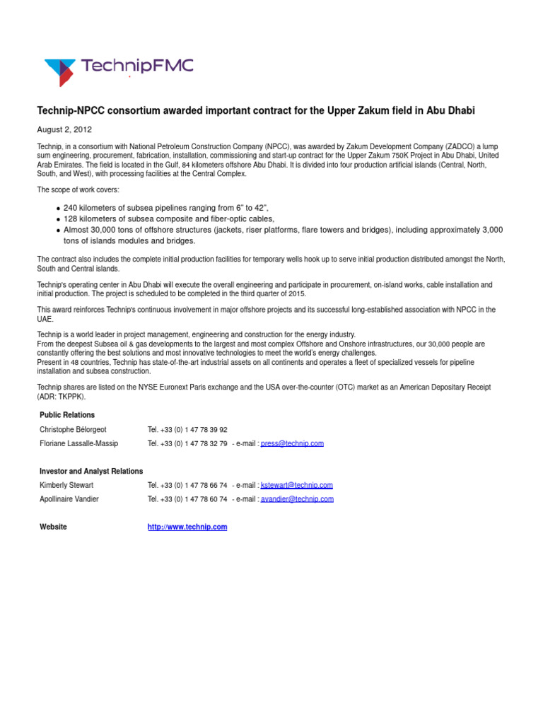 Technip NPCC Consortium Awarded Important Contract For The Upper Zakum Field in Abu Dhabi Id291 ...