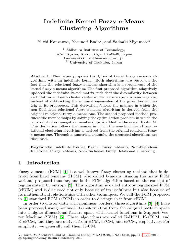 Indefinite Kernel Fuzzy Clustering Algorithms: C-Means | PDF | Cluster Analysis | Algorithms