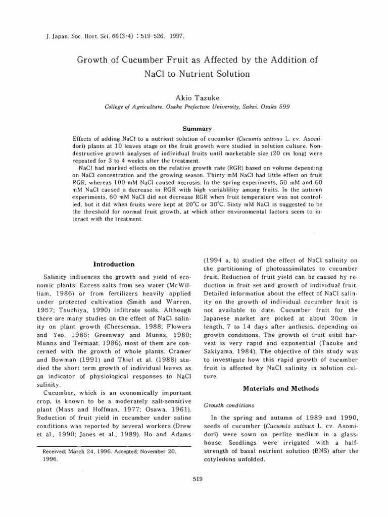 Growth of Cucumber Fruit As Affected by The Addition of Nacl To ...