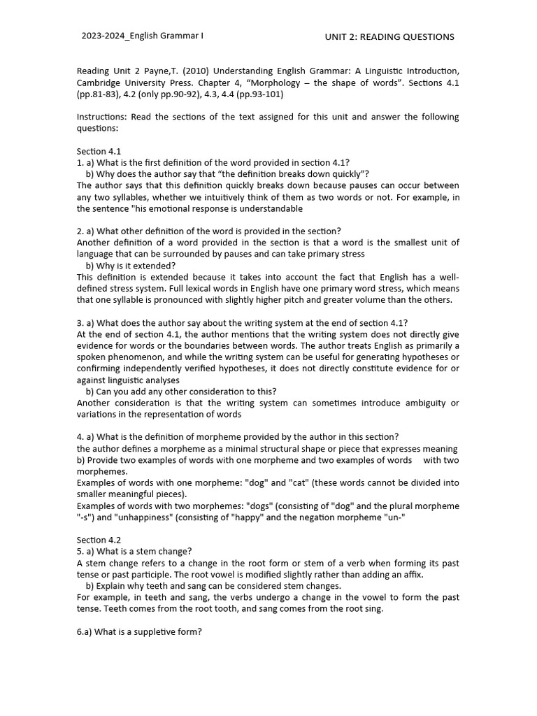 Questions Reading Unit 2 | PDF | Word | Morphology (Linguistics)