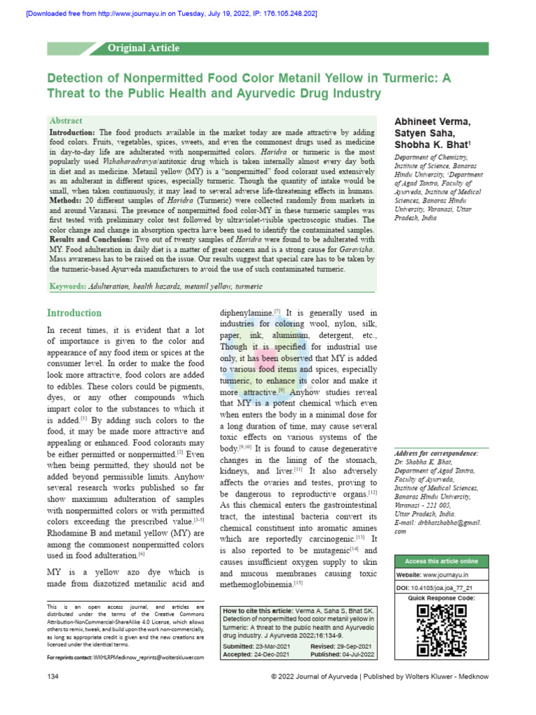 Detection of Nonpermitted Food Color Metanil Yello | PDF | Turmeric | Spectroscopy
