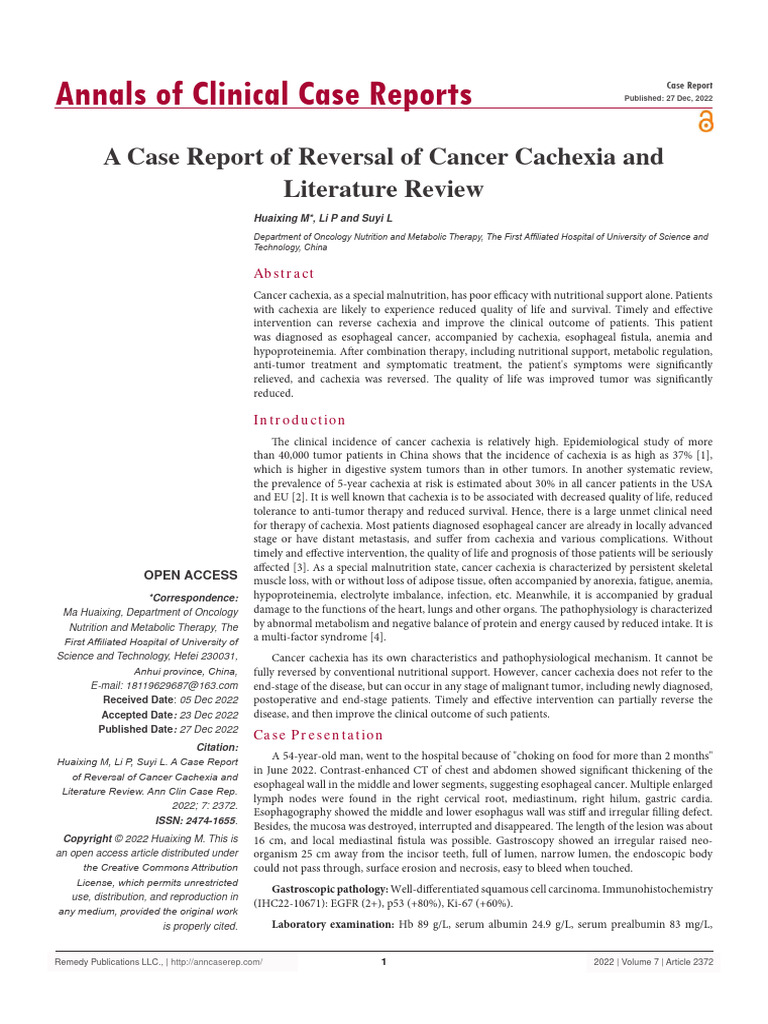 A Case Report of Reversal of Cancer Cachexia and Literature 9487 | PDF ...