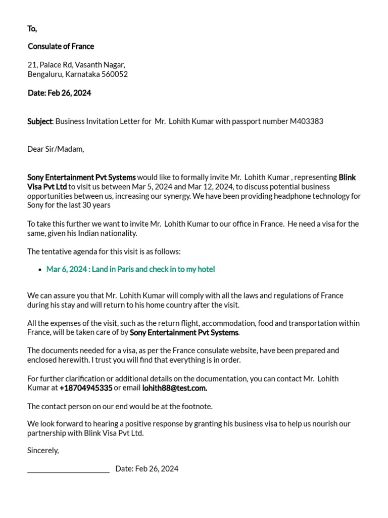 Invitation Letter For Business Visa | PDF