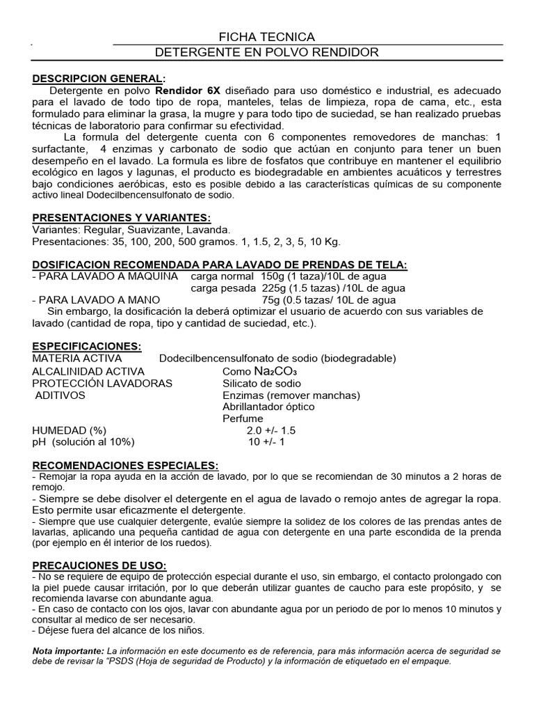 164@ficha Tecnica Detergente Rendidor | PDF | Detergente | Agua