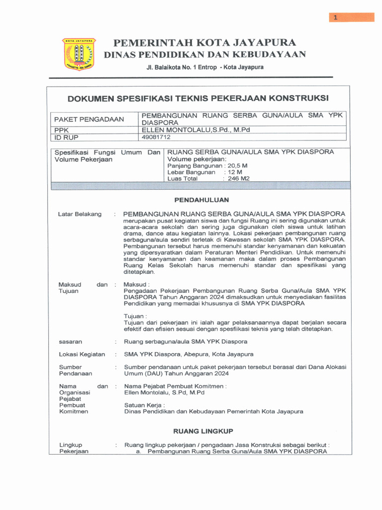 Spesifikasi SMP Ypk Diaspora | PDF