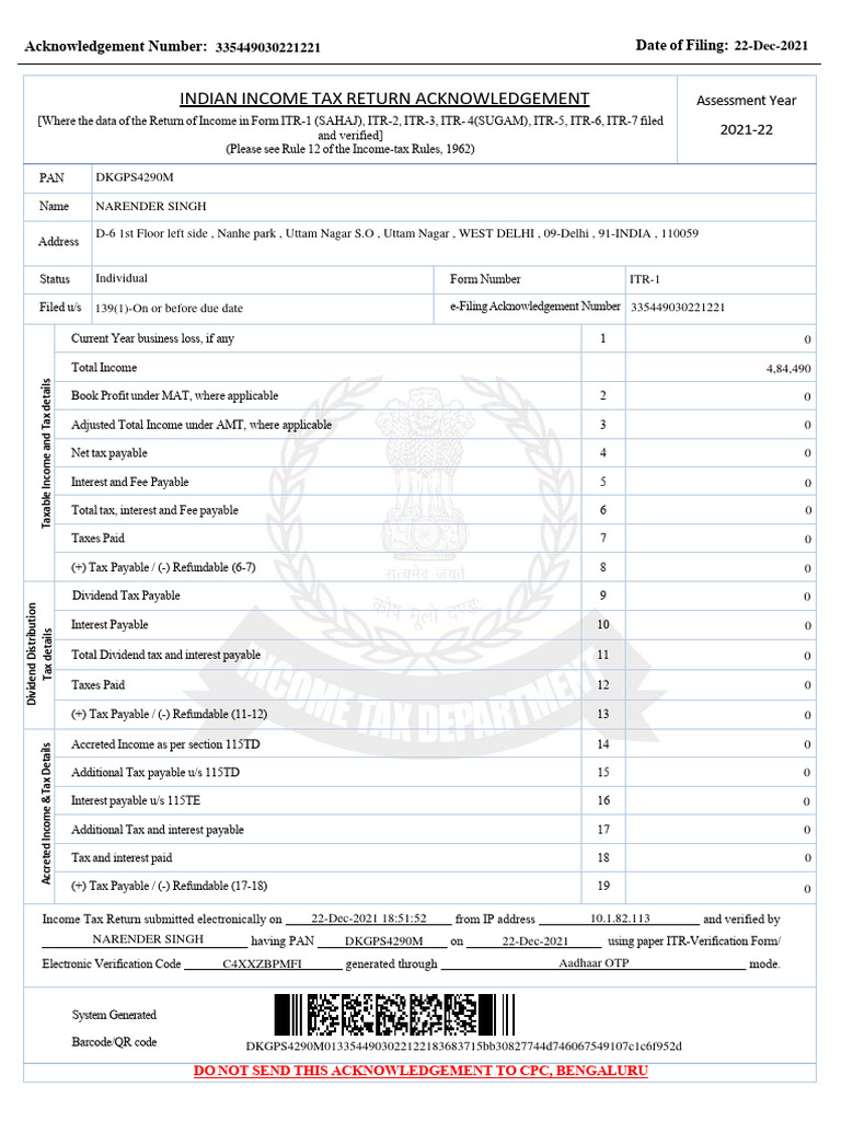 Indian Income Tax Return Acknowledgement | PDF | Payments | Personal ...