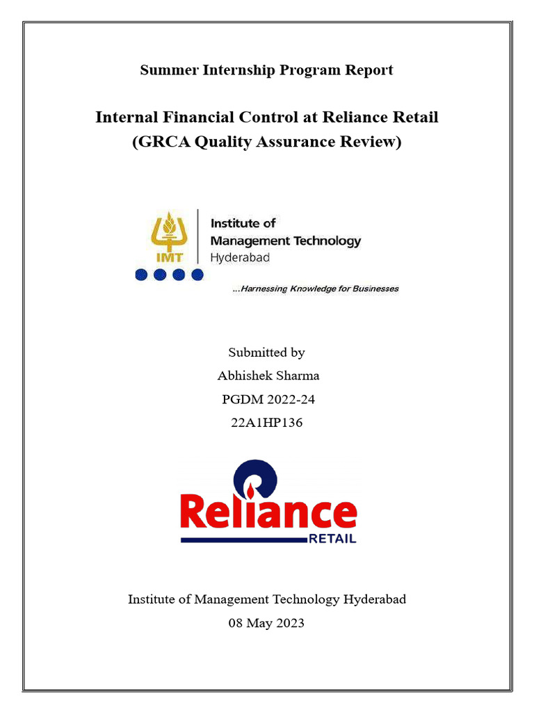 PGDM Internship at Reliance Retail | PDF | Retail | Risk
