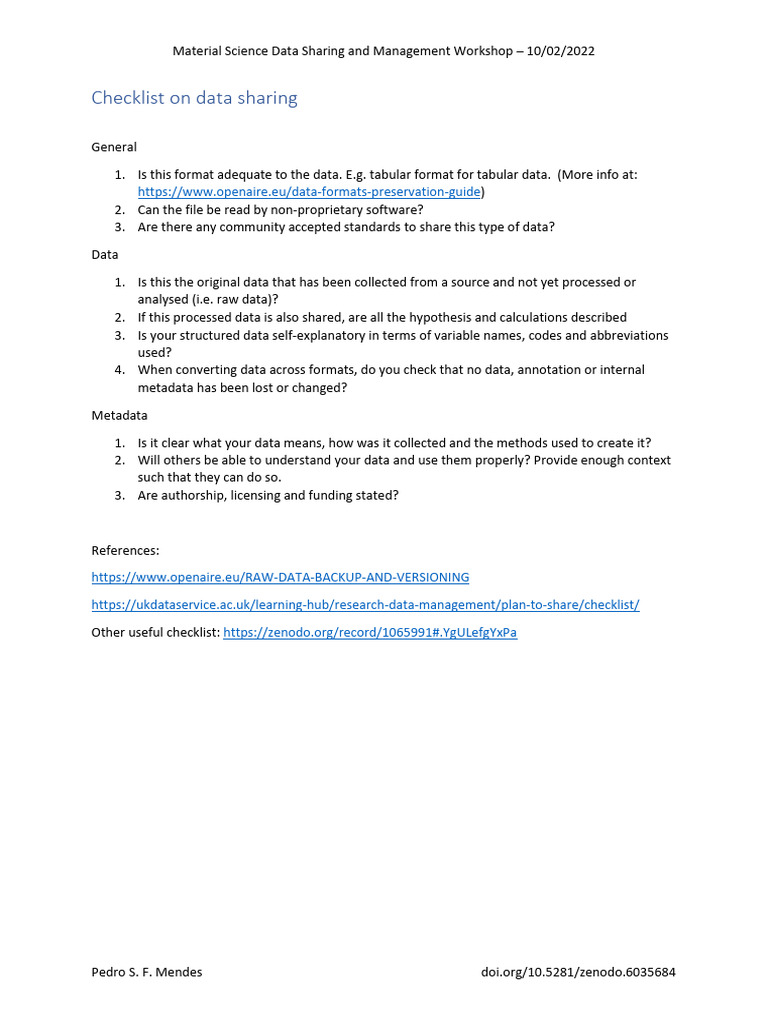Materials Workshop - Data Sharing Checklist | PDF Materials Workshop - Data Sharing Checklist | PDF