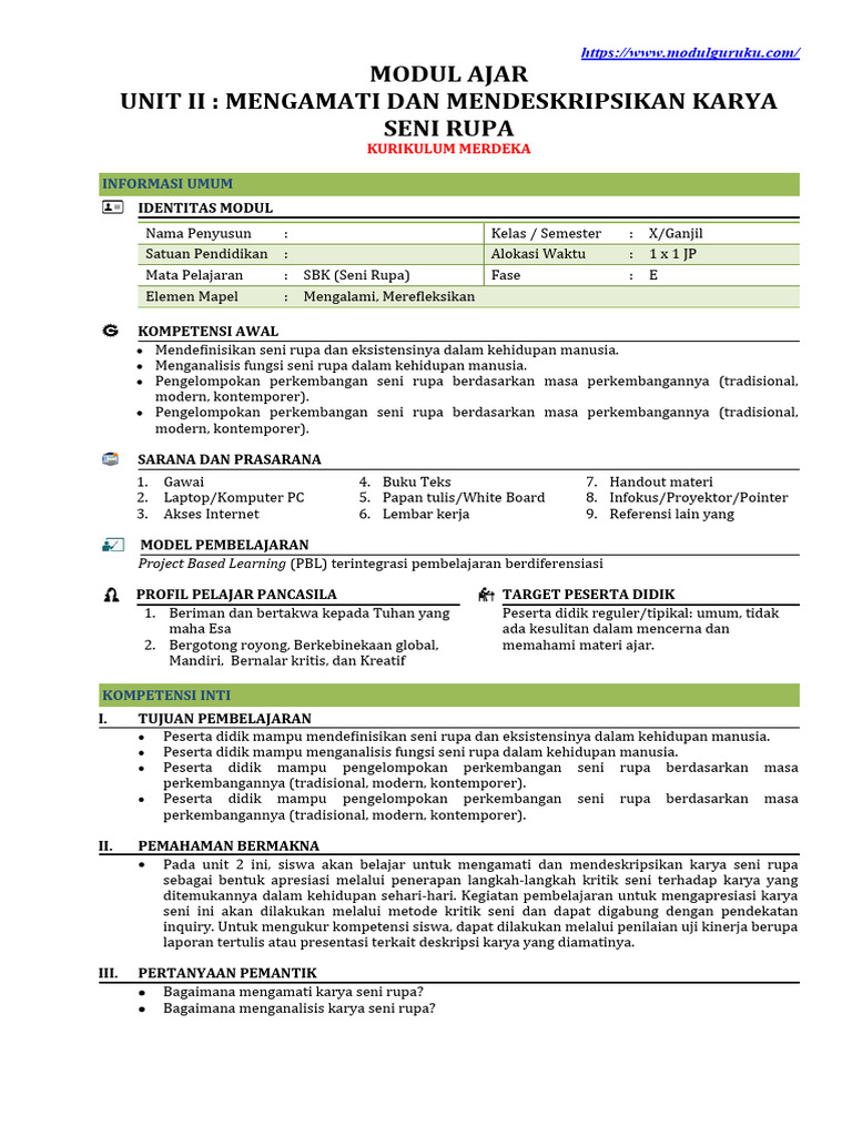 Modul Ajar Seni Rupa Kelas 10 Fase E Unit 2 | PDF | Seni