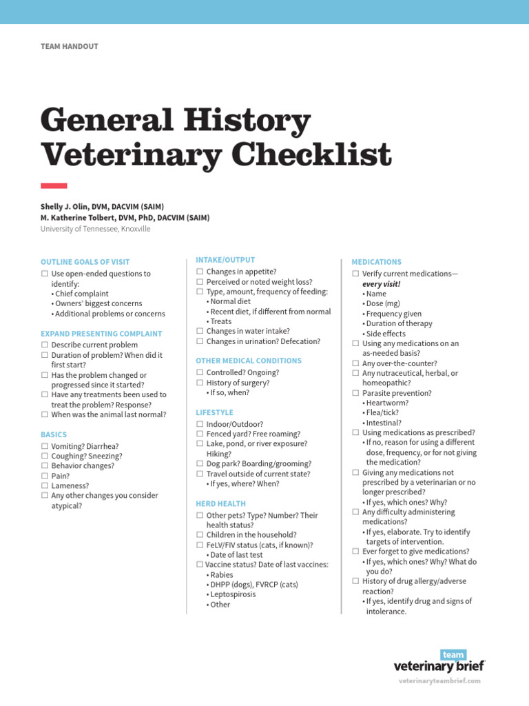 General History Veterinary Checklist Handout | PDF | Diseases And ...