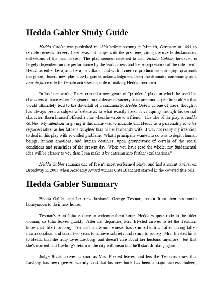 Hedda Gabler Study Guide | PDF | Henrik Ibsen