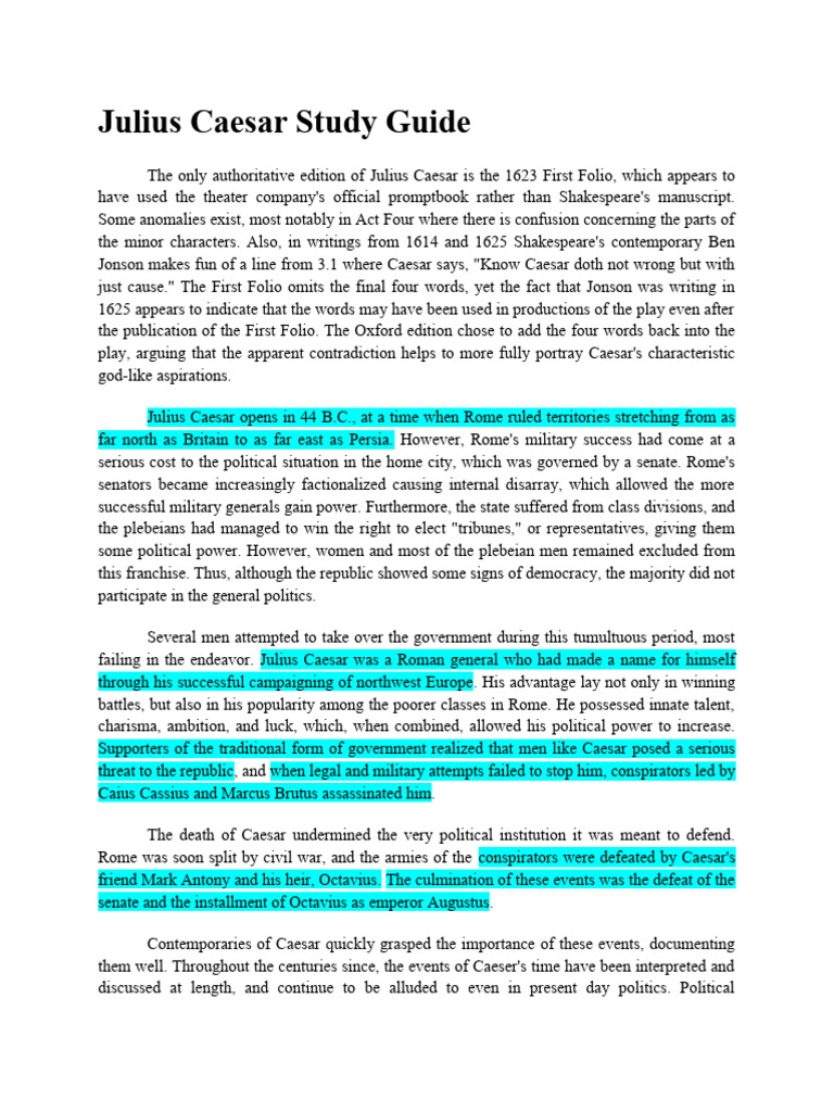Julius Caesar Study Guide | PDF | Mark Antony | Julius Caesar