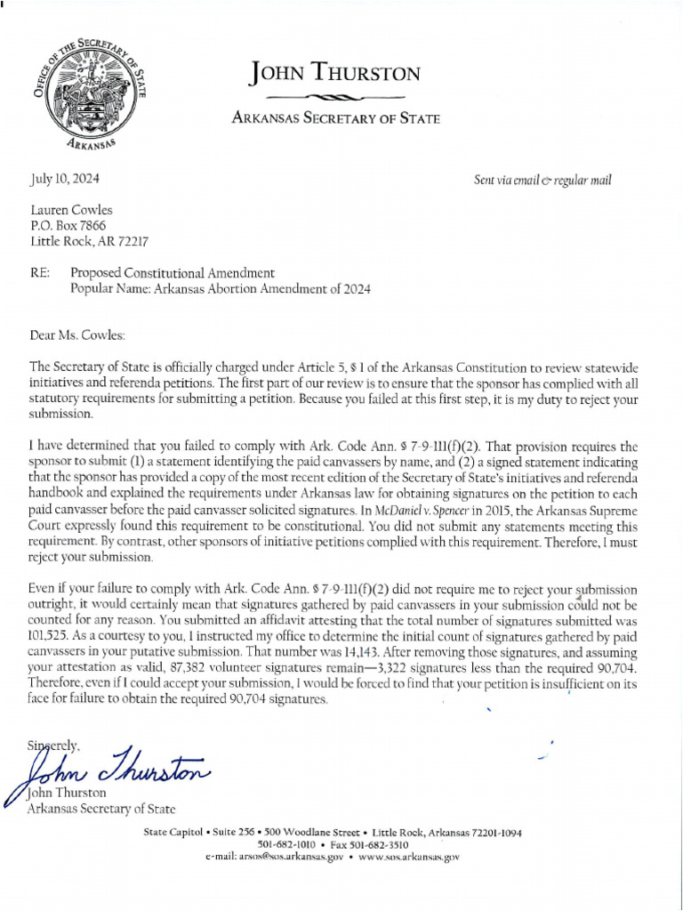Arkansas Abortion Amendment - Letter 7-10-2024 | PDF