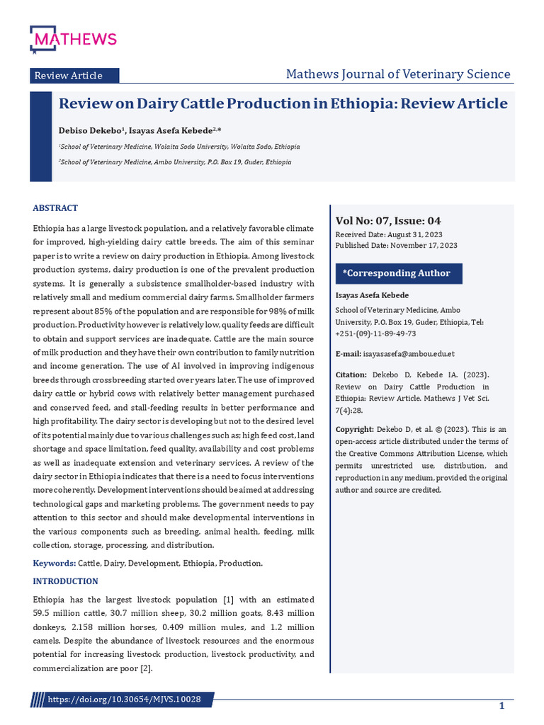 Review On Dairy Cattle Production in Ethiopia Review Article | PDF ...