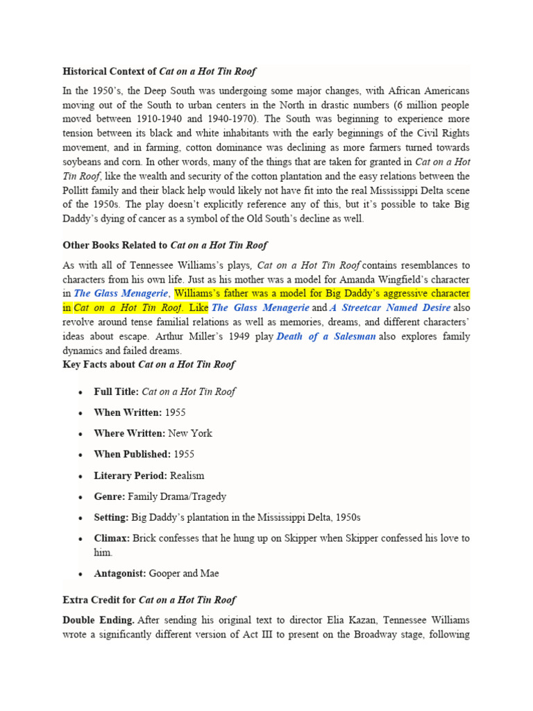 Historical Context of Cat on a Hot Tin Roof | PDF