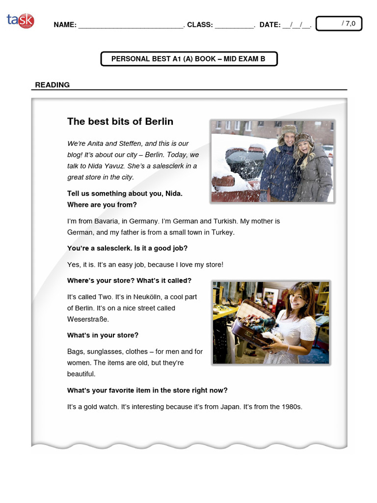 Personal Best A1 (A) - Mid Exam B | PDF | Morphology | Linguistics