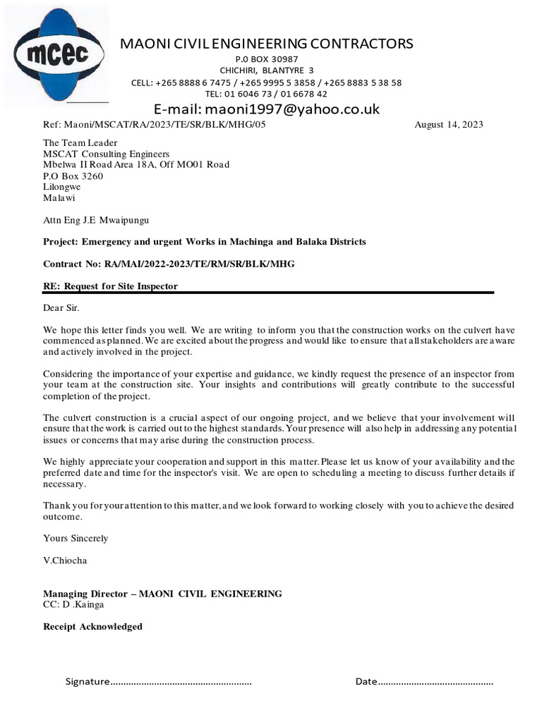 MSCAT LETTER Request For Inspector | PDF