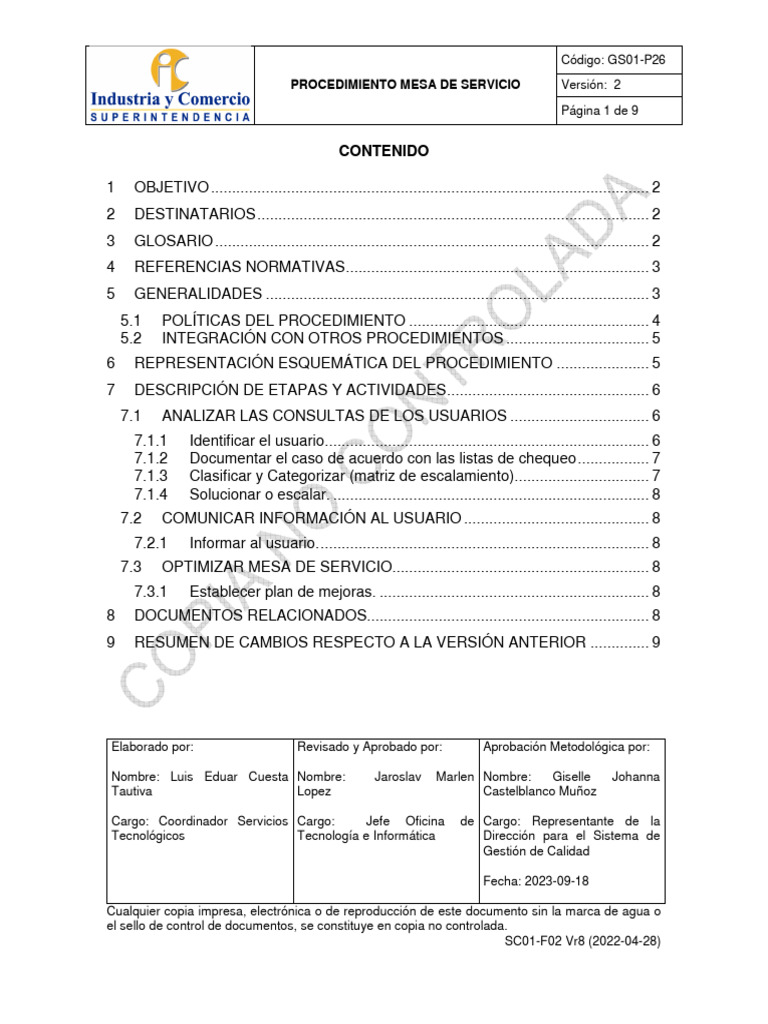 GS01-P26 - V2 - Procedimiento de Mesa de Ayuda | PDF | Itil | Mesa de ayuda