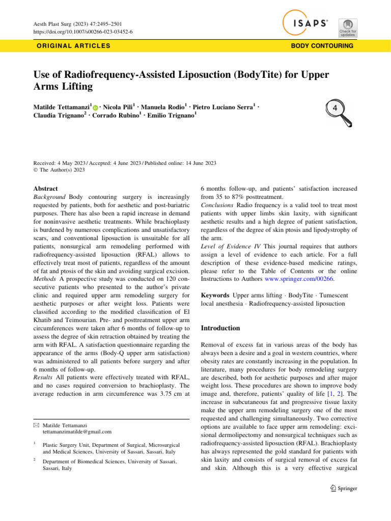 Use of Radiofrequency-Assisted Liposuction (Bodytite) For Upper Arms ...