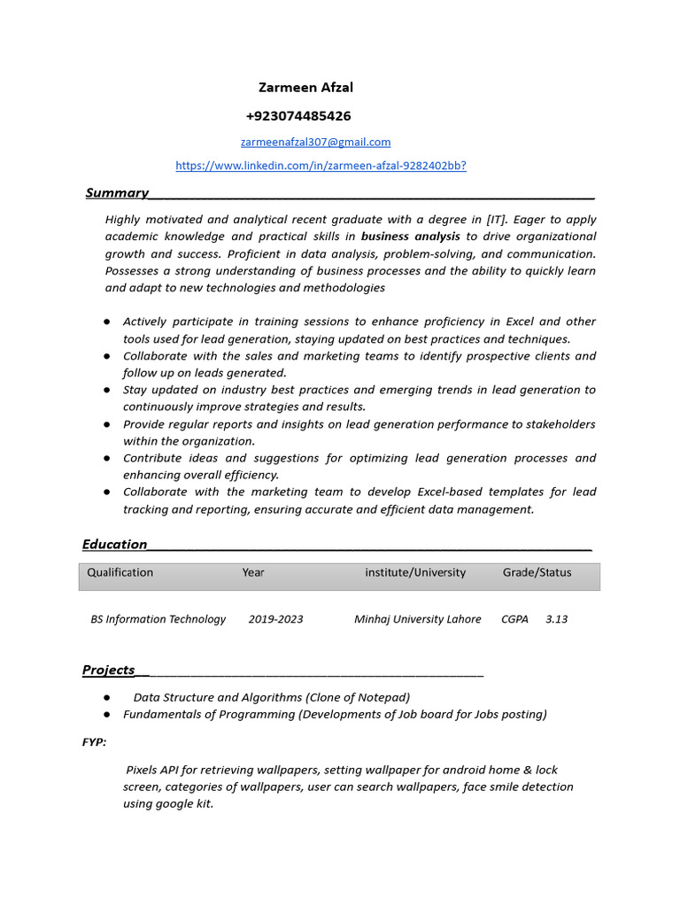 Zarmeen CV | PDF | Computing | Cognition