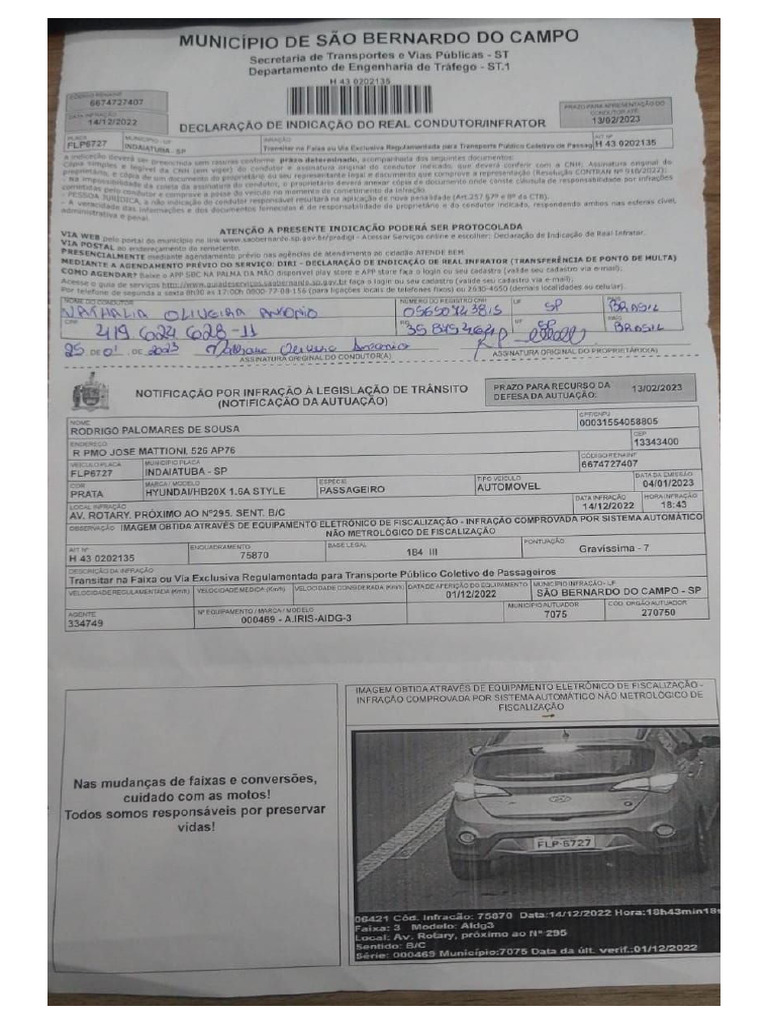 Formul Rio Que Acompanha A Notifica o de Infra o (Preenchido e Assinado) PDF | PDF