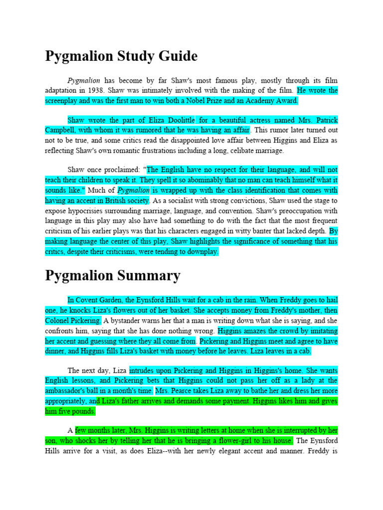 Pygmalion Study Guide | PDF | Pygmalion (Play) | George Bernard Shaw