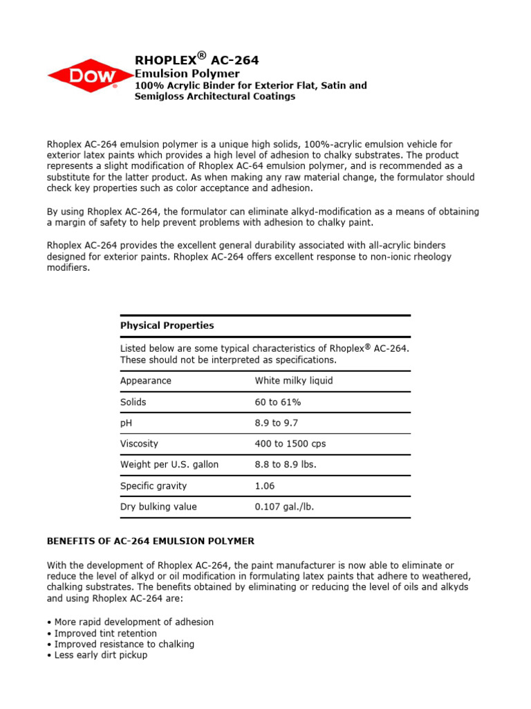 RHOPLEX AC-264 Emulsion Polymer 100% Acrylic Binder For Exterior Flat ...