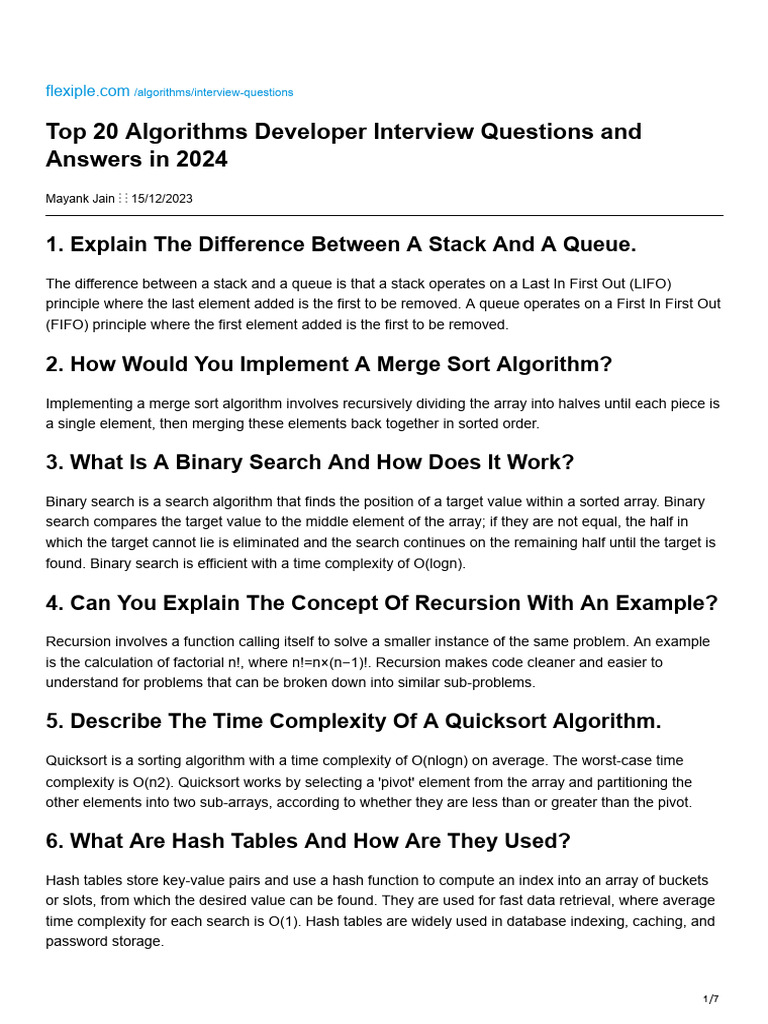 Top 20 Algorithms Developer Interview Questions and Answers in 2024 | PDF | Algorithms | Dynamic ...
