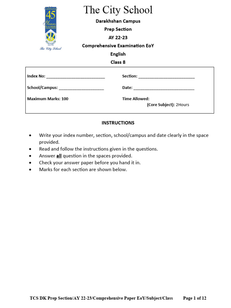 Class 8 English Exam Paper 2022-23 | PDF