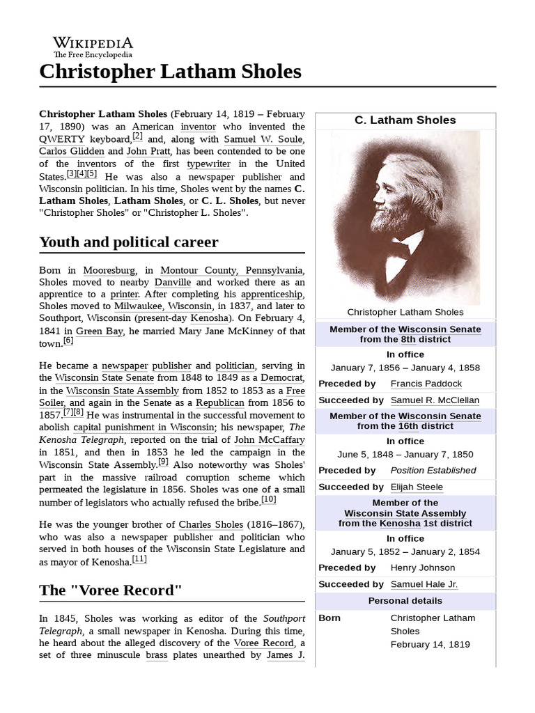 Christopher Latham Sholes | PDF | Writing Implements | Text