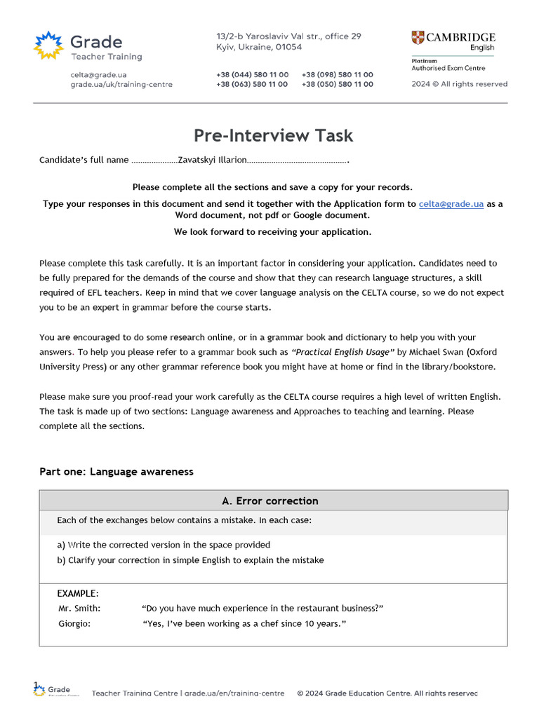 CELTA Pre-Interview Task Illarion Zavatskyi | PDF | Stress (Linguistics ...