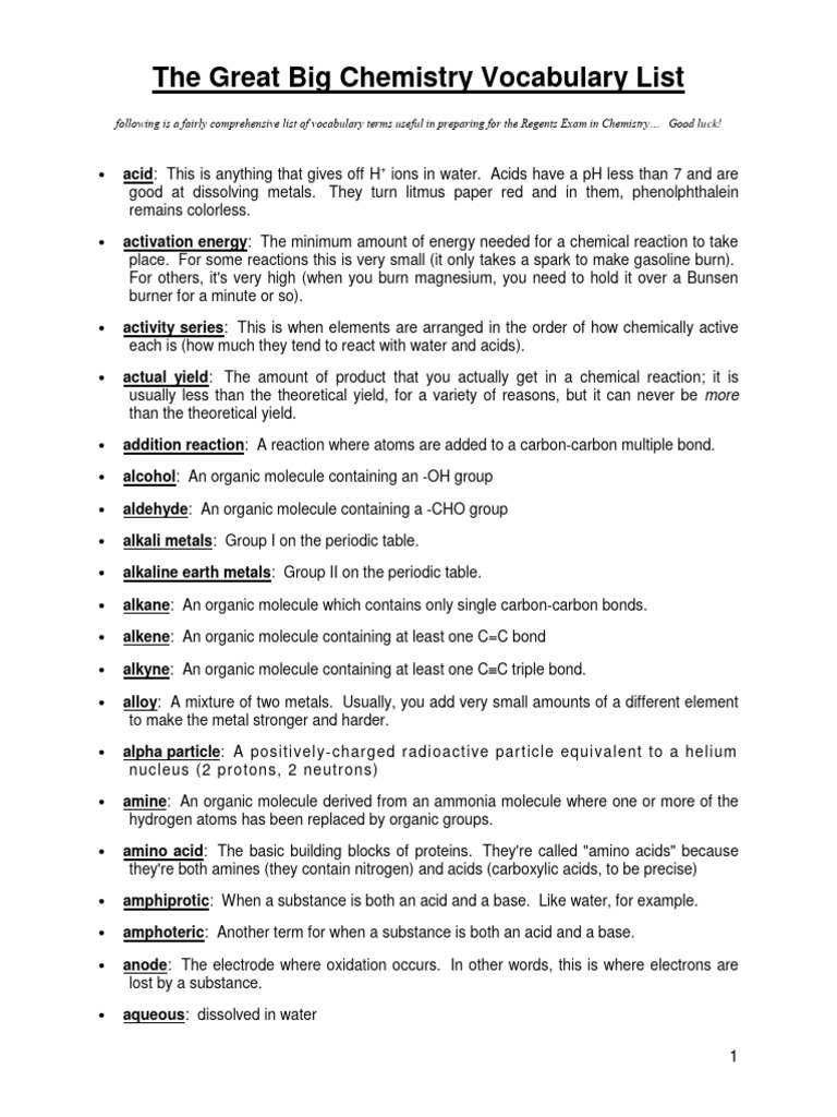 The Great Big Chemistry Vocabulary List Edited | PDF | Chemical ...
