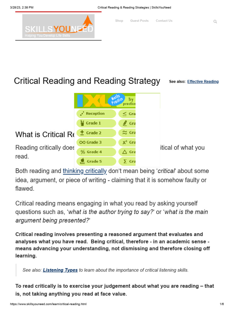 Critical Reading & Reading Strategies - SkillsYouNeed | PDF | Speed ...