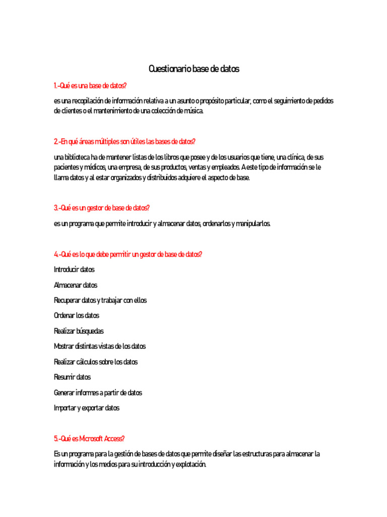 Cuestionario Base de Datos | PDF | Bases de datos | Informática