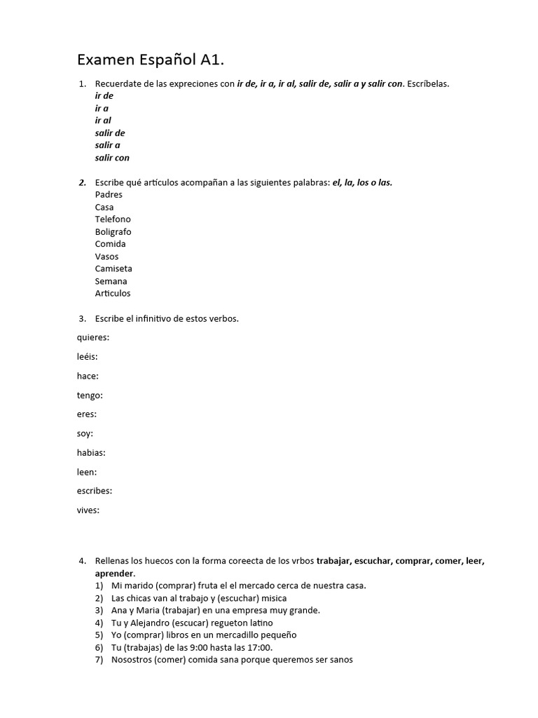 Examen Español A1 | PDF