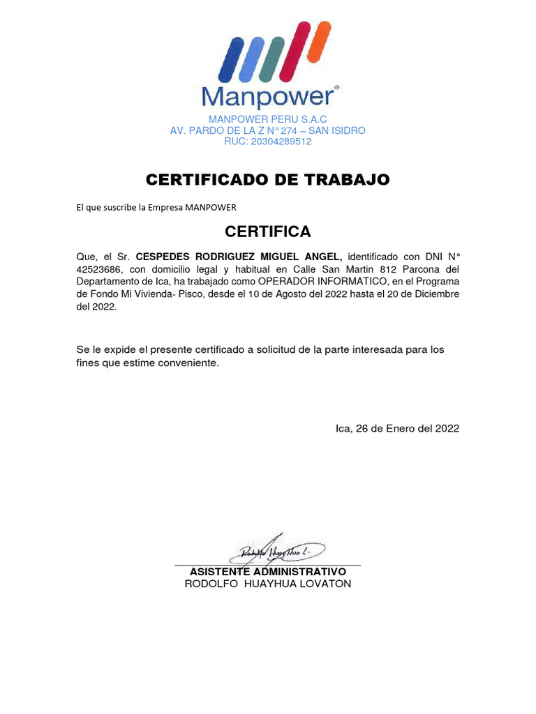 Certificado de Trabajo Manpower | PDF
