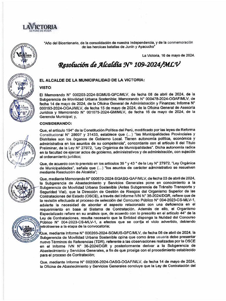 RESOLUCION DE ALCALDIA N° 109-2024-MLV (1) | PDF