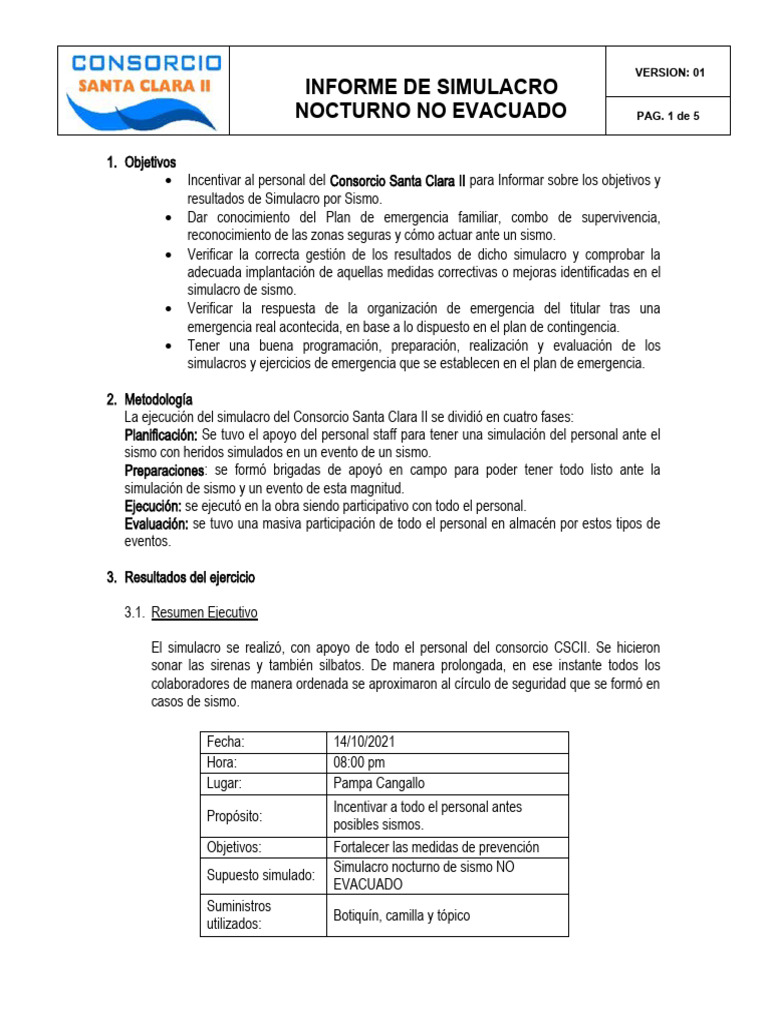 Informe de Simulacro Nocturno No Evacuado | PDF