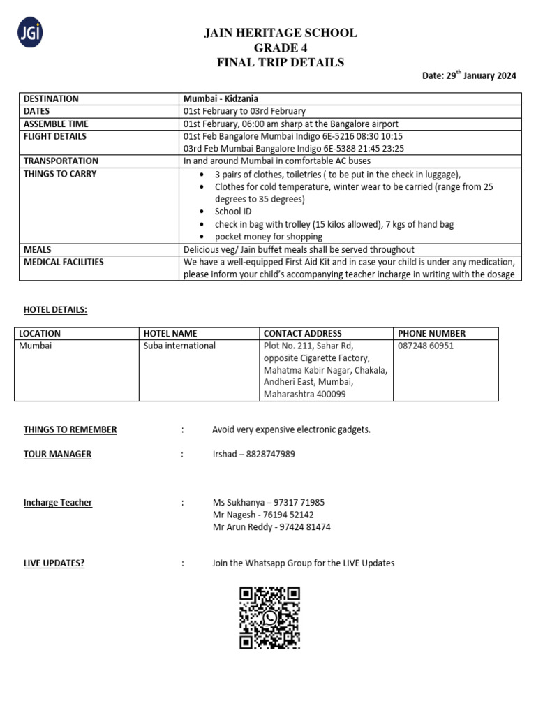 Jain Heritage School Tour Mumbai Kidzania Grade 4 Details 2024 | PDF