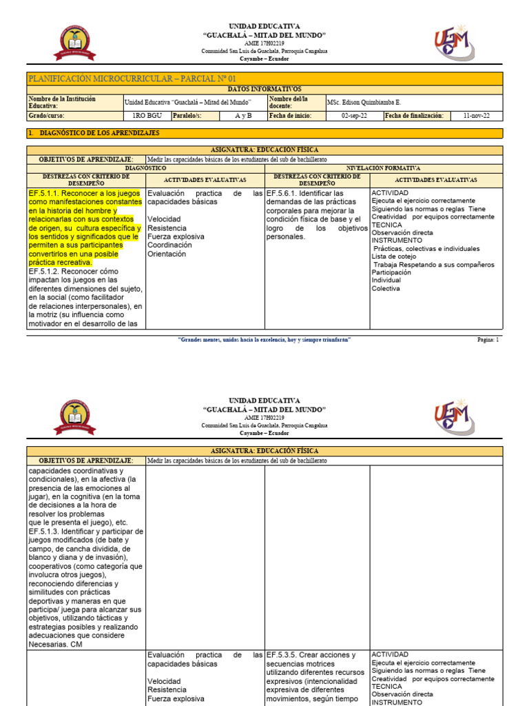 1ro Bgu P1 Ef Quimbiamba Edison | PDF | Evaluación | Aprendizaje