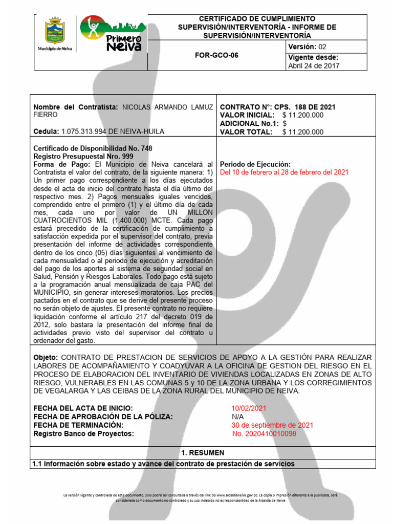 Informe-De-Superviison 1 Nicolas 1 | PDF | Documentos legales | Derecho empresarial