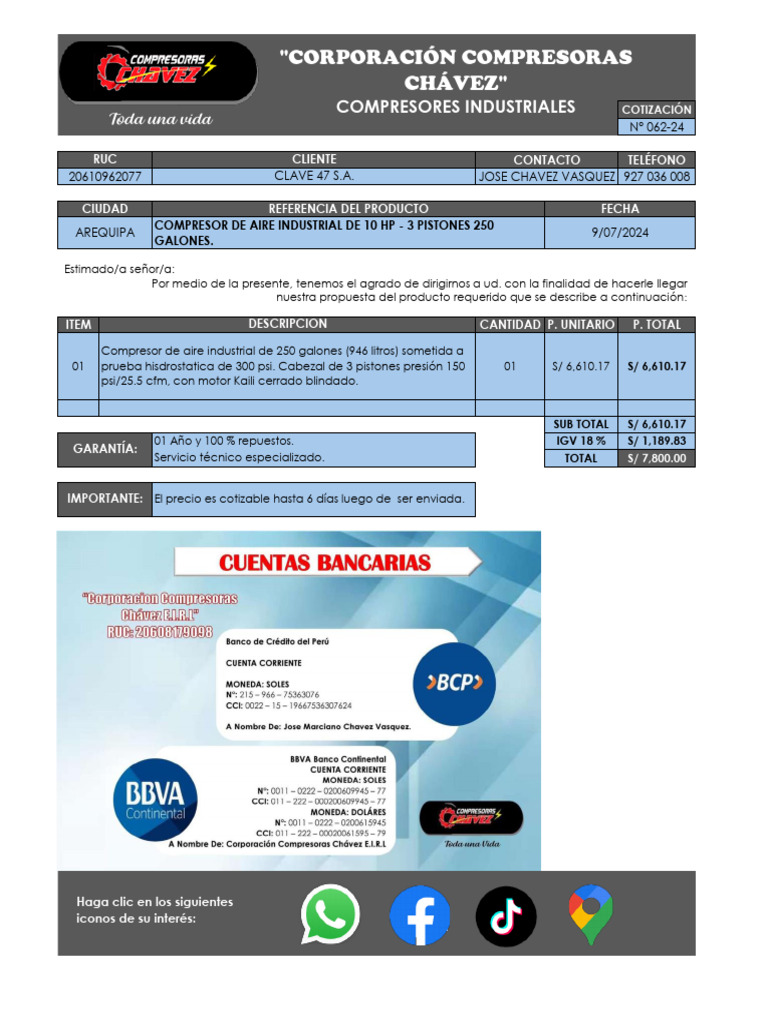 COTIZACIÓN N°062-24-COMPRESOR DE AIRE 10 HP - 3 PISTONES - 250 GALONES | PDF