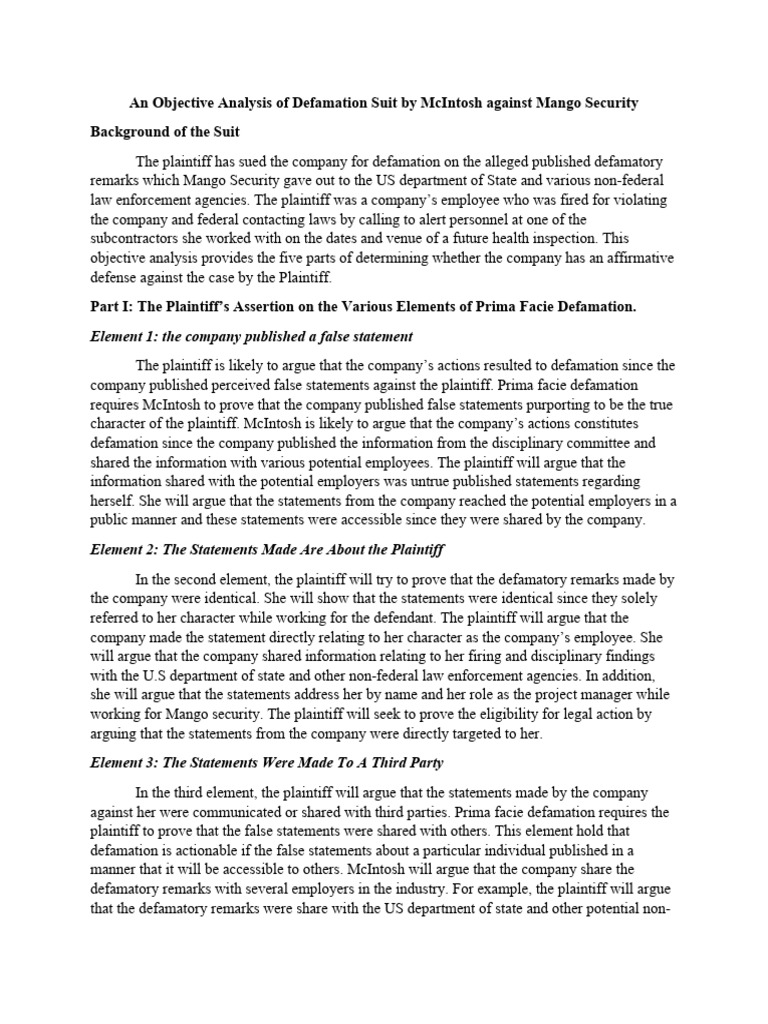 An Objective Analysis of Defamation Suit by McIntosh Against Mango Security | PDF | Defamation ...