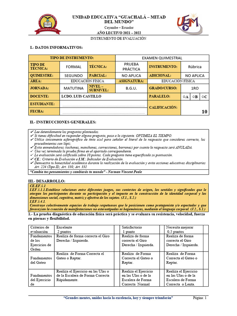 1RO BGU Instrumento Evaluacion EF | PDF
