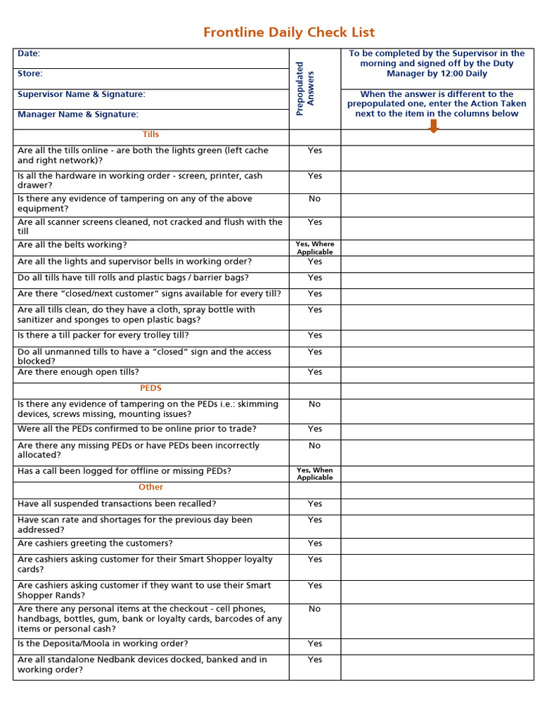 Daily Frontline Store Checklist | PDF | Online And Offline | Point Of Sale