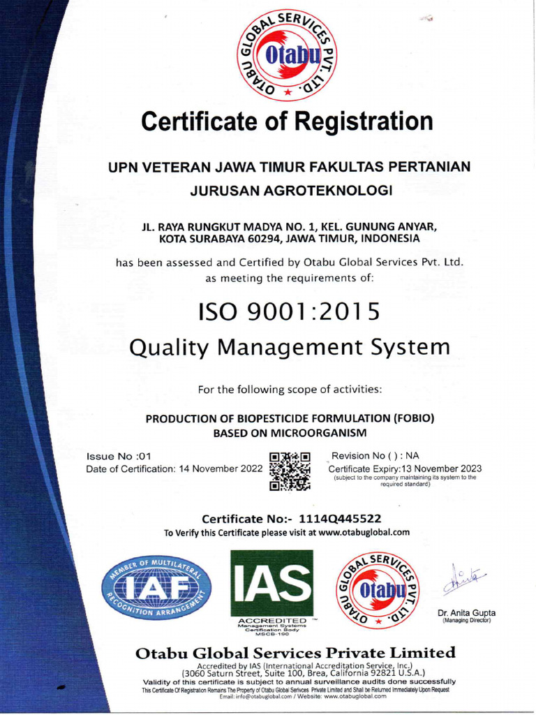 Sertifikat ISO Fobio 2022 | PDF